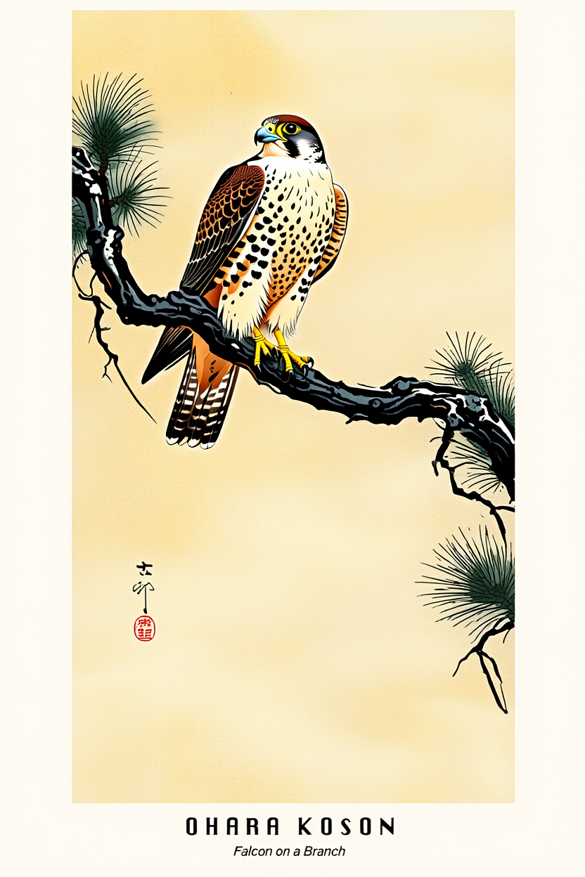 Falcon on a Branch – Ohara Koson Poster | Japanese Nature Art Print ...